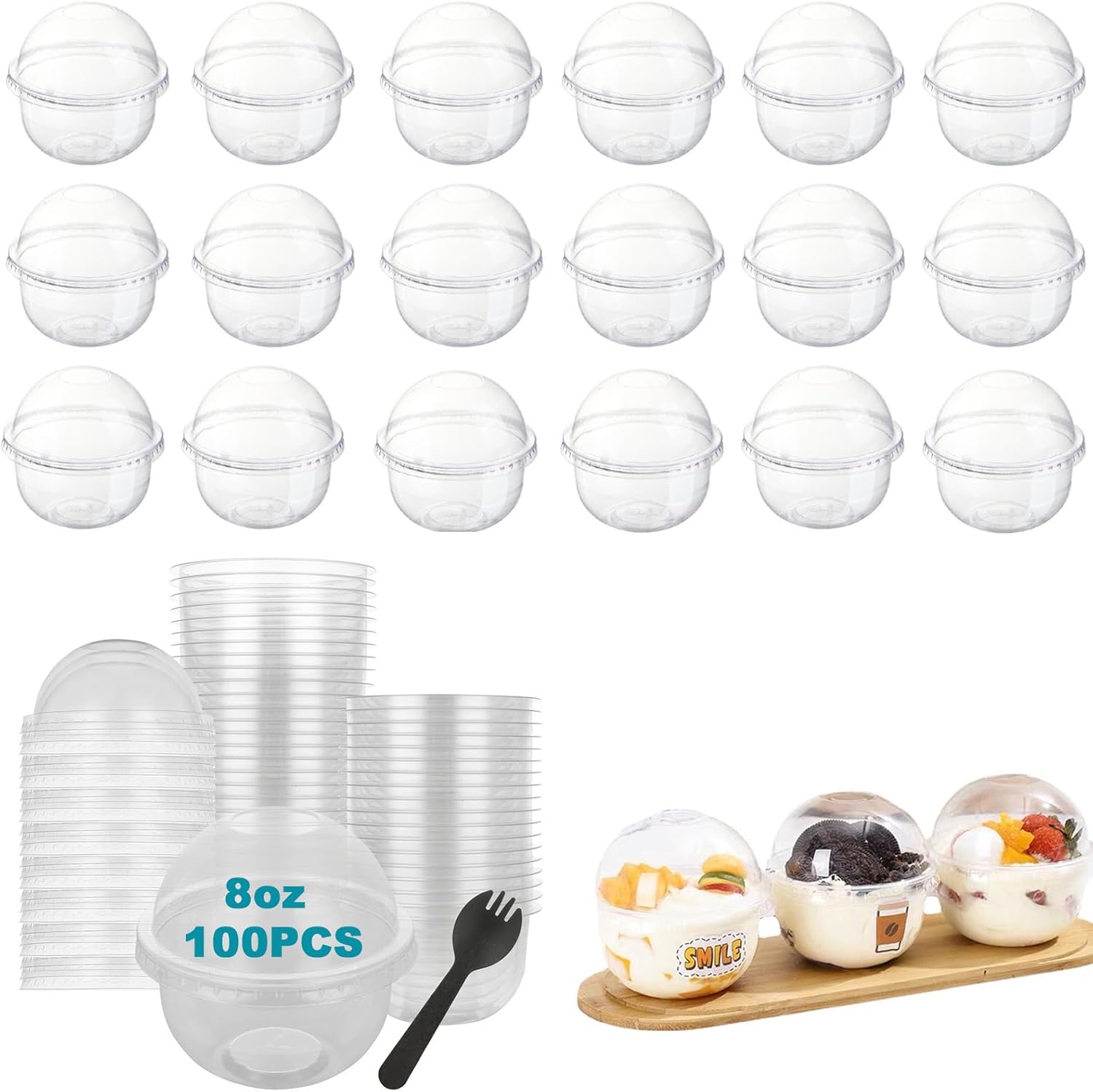 Amazon.com: 100 Pack 8 oz Clear Plastic Cups with Dome Lids, Disposable ...