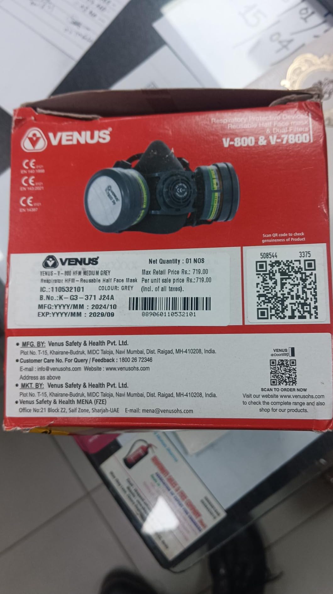 VENUS V-800 Half Face Reusable Respirator Mask with V-7800 Filter