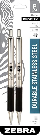 Zebra Pen F-402 Retractable Ballpoint Pen, Stainless Steel Barrel, Fine ...