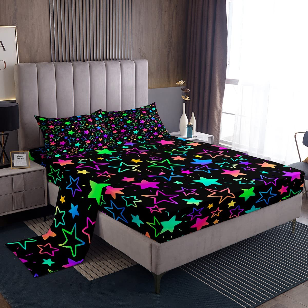 Amazon.com: Erosebridal Kawaii Glitter Stars Bed Sheets Rainbow Glowing ...
