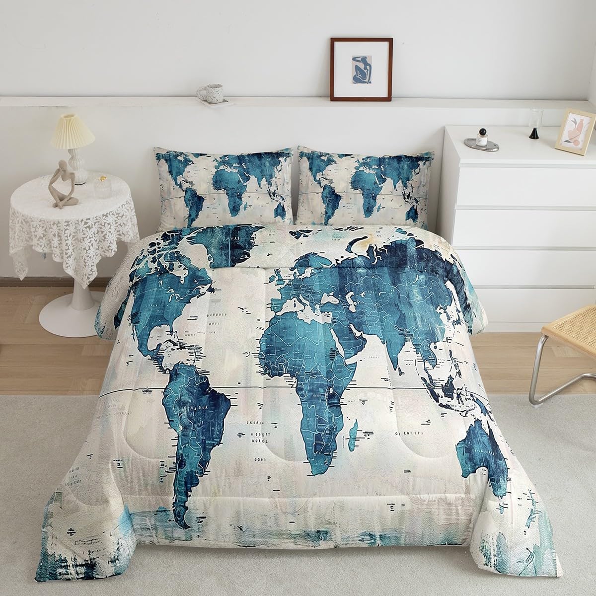 World Map Comforter Set Queen Size Vintage Abstract Art Bedding for ...