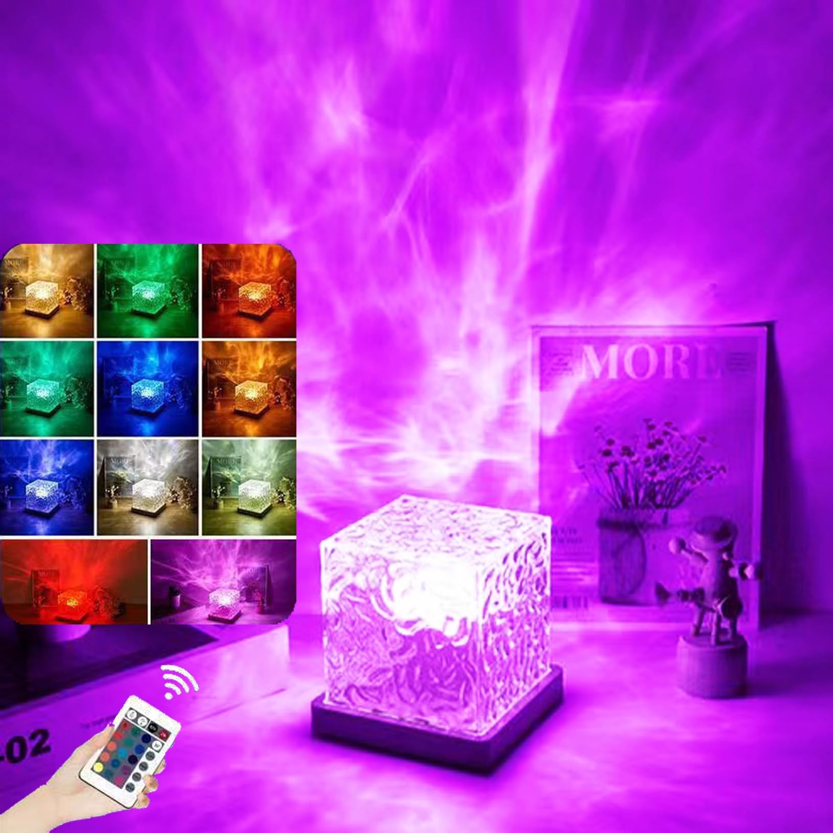 Yinhaml Ocean Wave Cube Aurora Lamp, 16 Color Rotating Flame Water Lamp ...