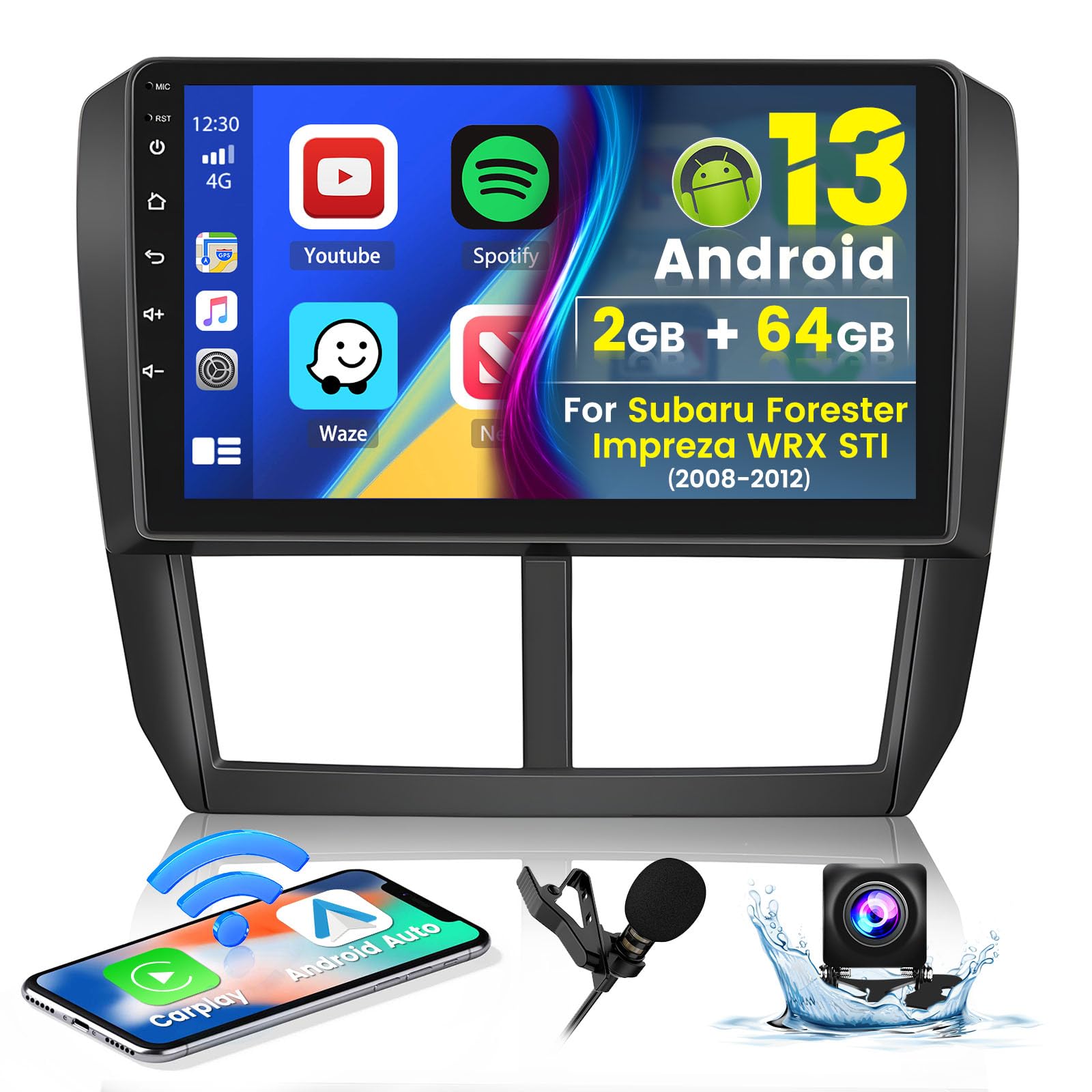 Roinvou 2+64G Android 13 CarPlay Stereo for 2008-2012 Subaru Forester Impreza WRX STI, Wireless ...