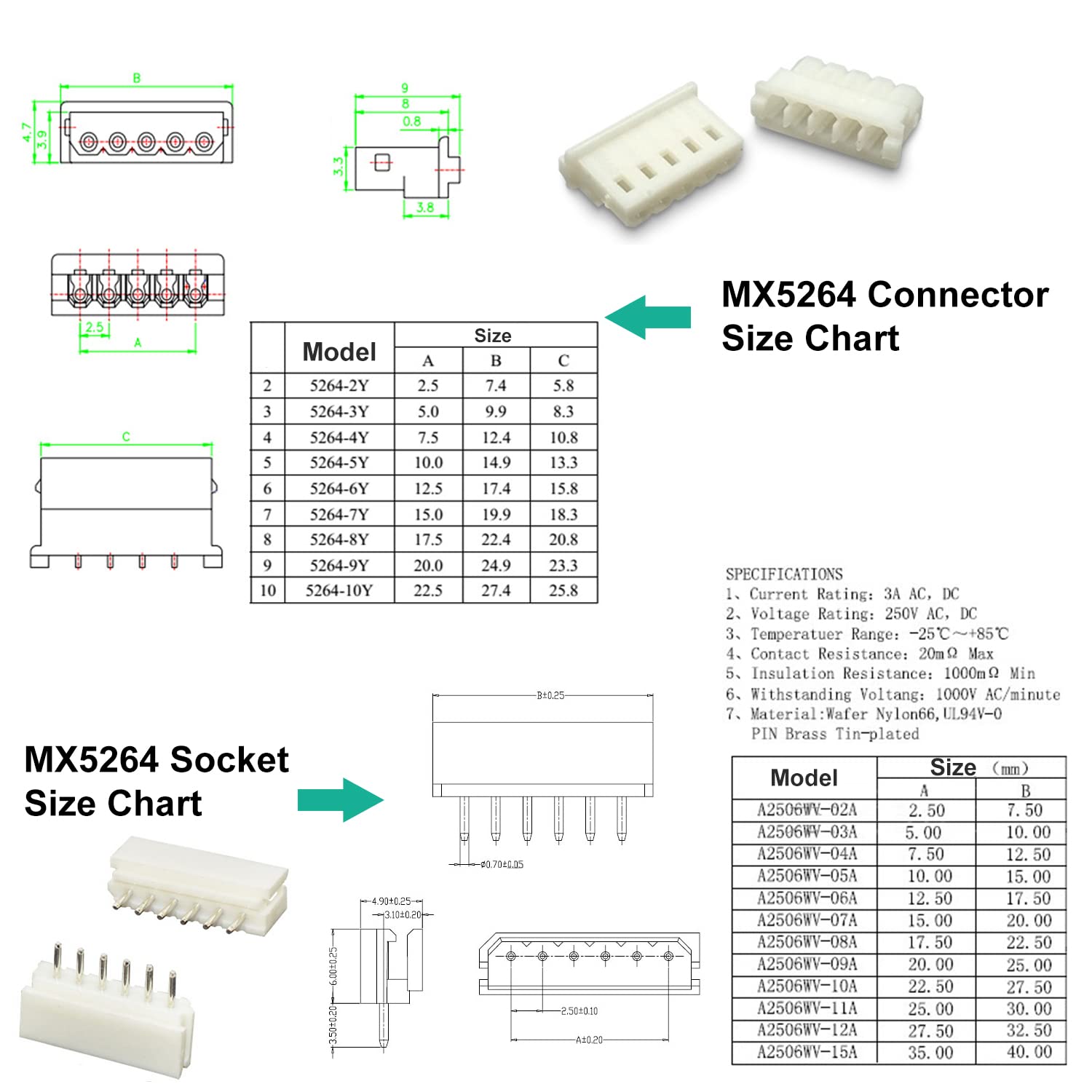 Molex Wire & Cable Connectors 6 Pins Molex KK Style 2.54mm Pin Header ...
