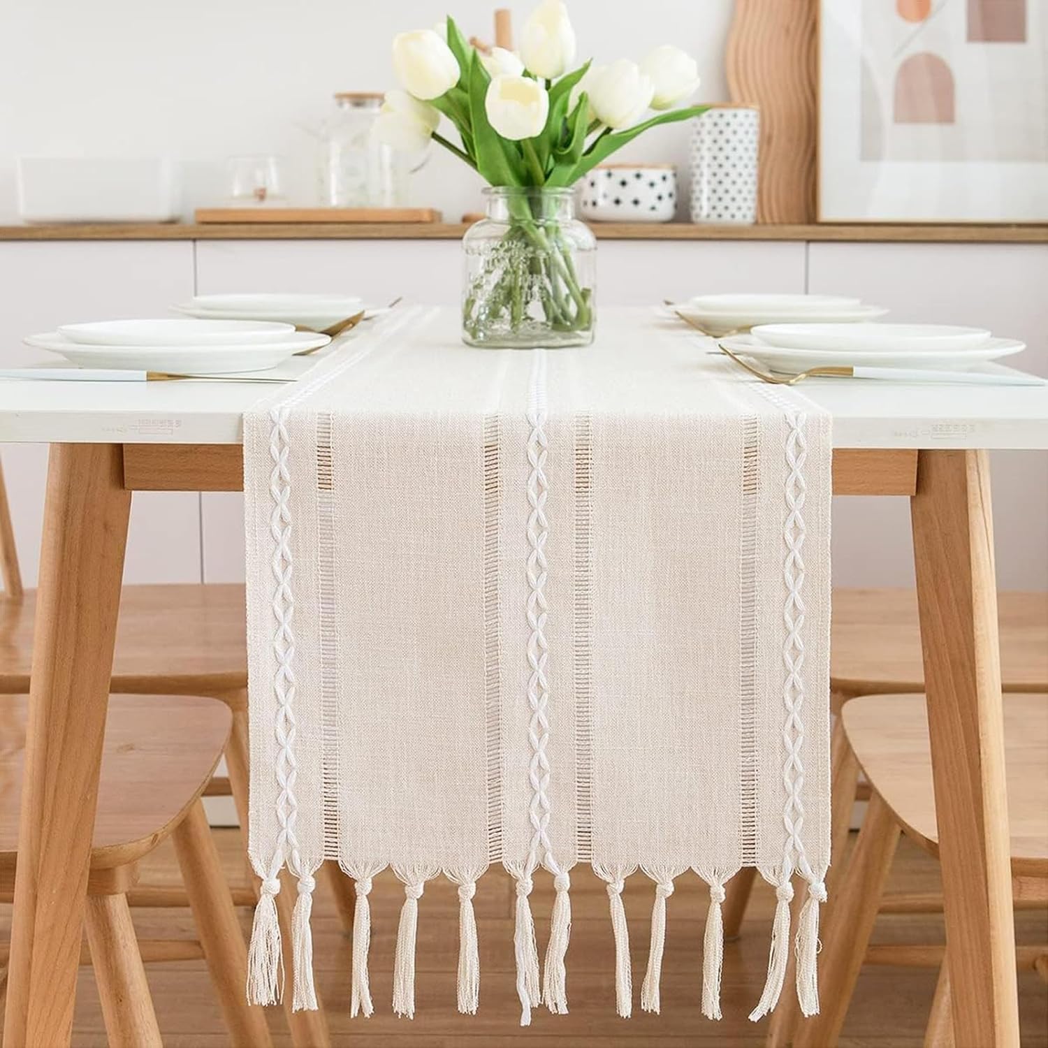 Boho Tablecloth, Beige Vintage Tassel Tablecloth, Cotton Linen Fringed ...
