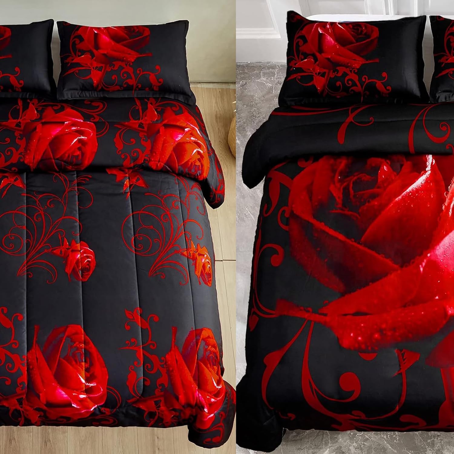 Amazon.com: Red Comforter Set King Reversible Red Rose Pattern Printed ...