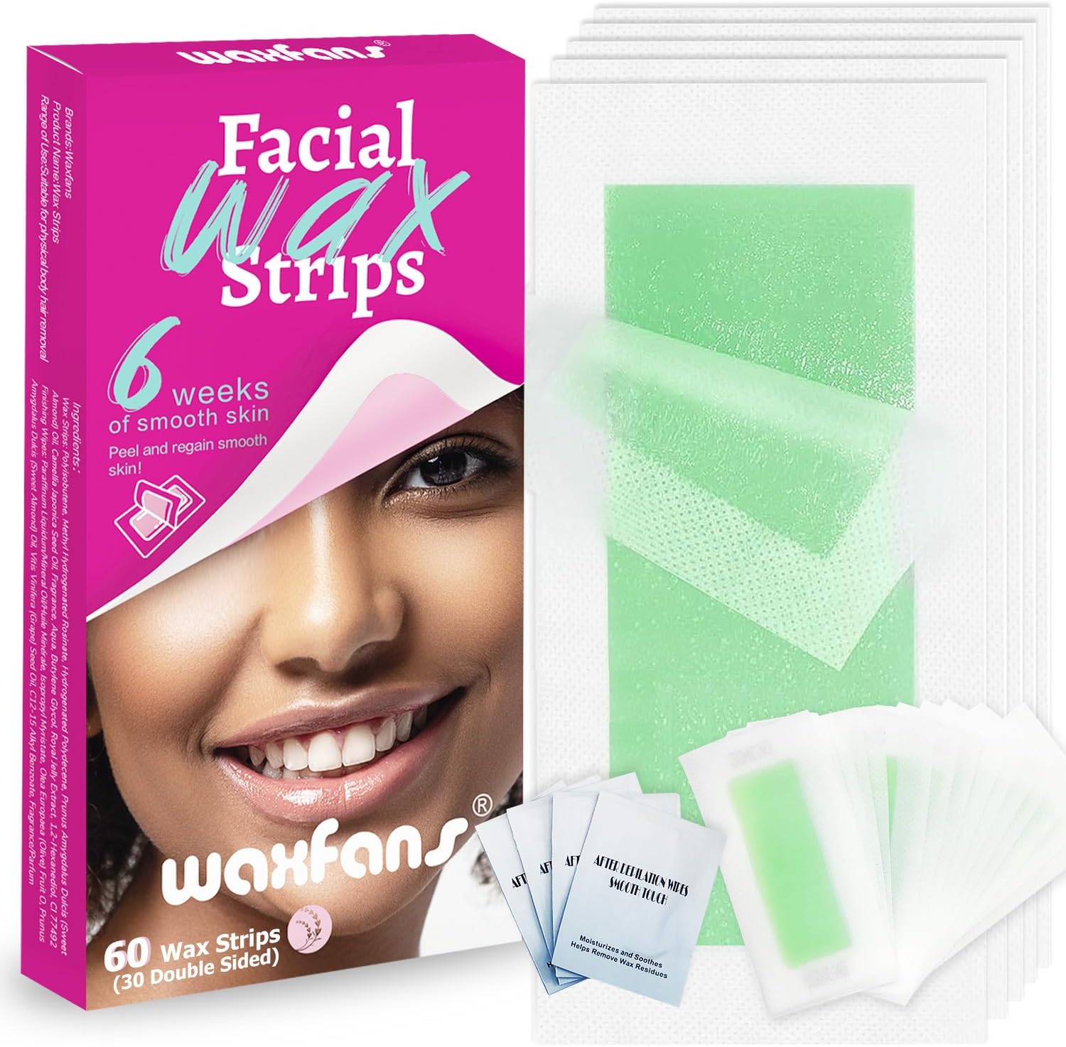 Amazon.com : Waxfans Hair Removal Wax Strips for Face/Body/Bikini - 60 Count Hypoallergenic ...