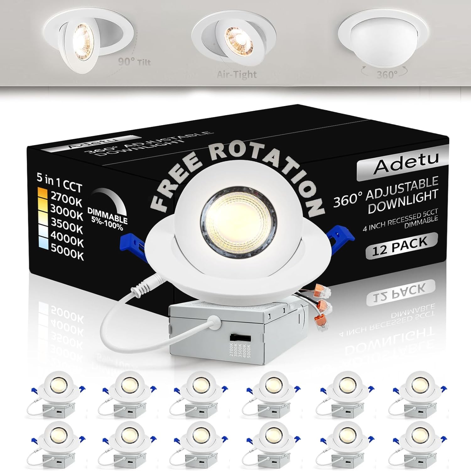 Adetu 4 Inch Gimbal Led Recessed Light, 360°+90° Adjustable Directional ...