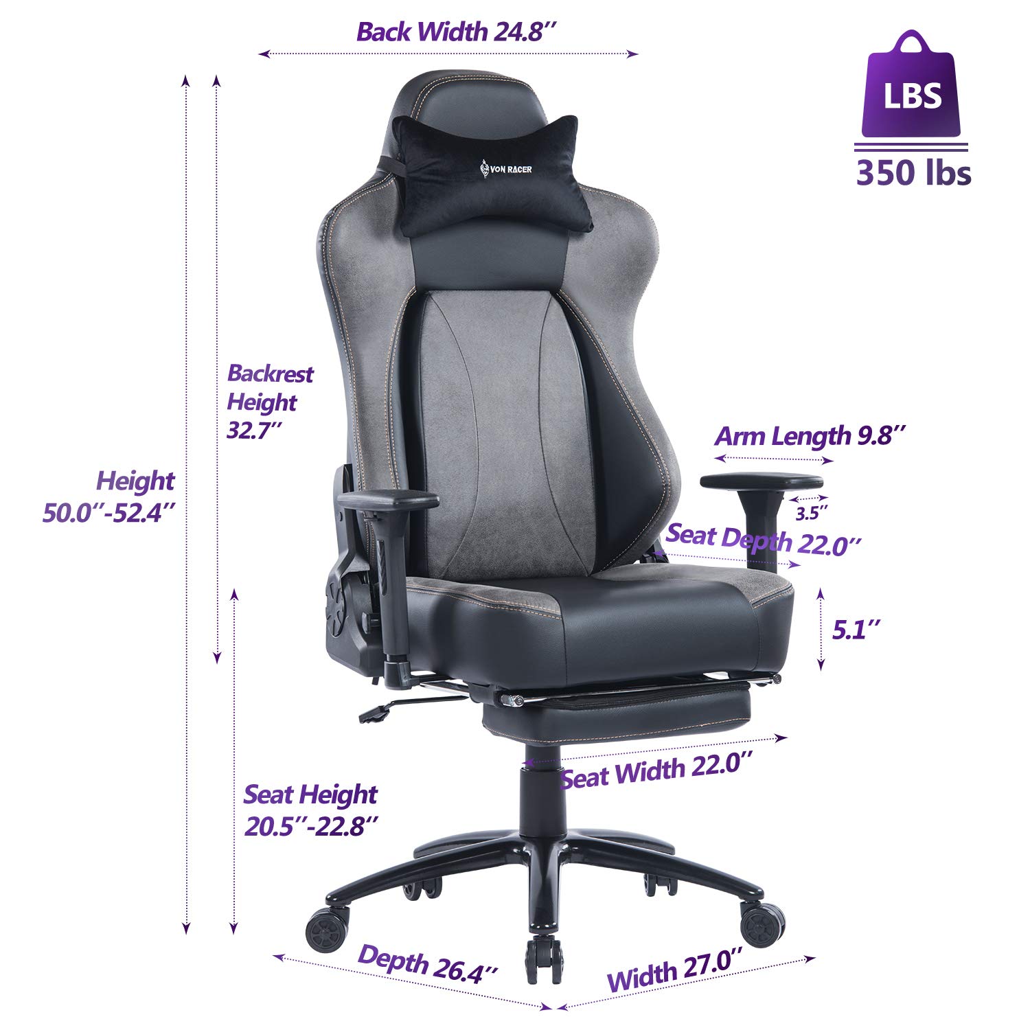 VON RACER Big & Tall 350lbs Massage Gaming Chair with Retractable ...