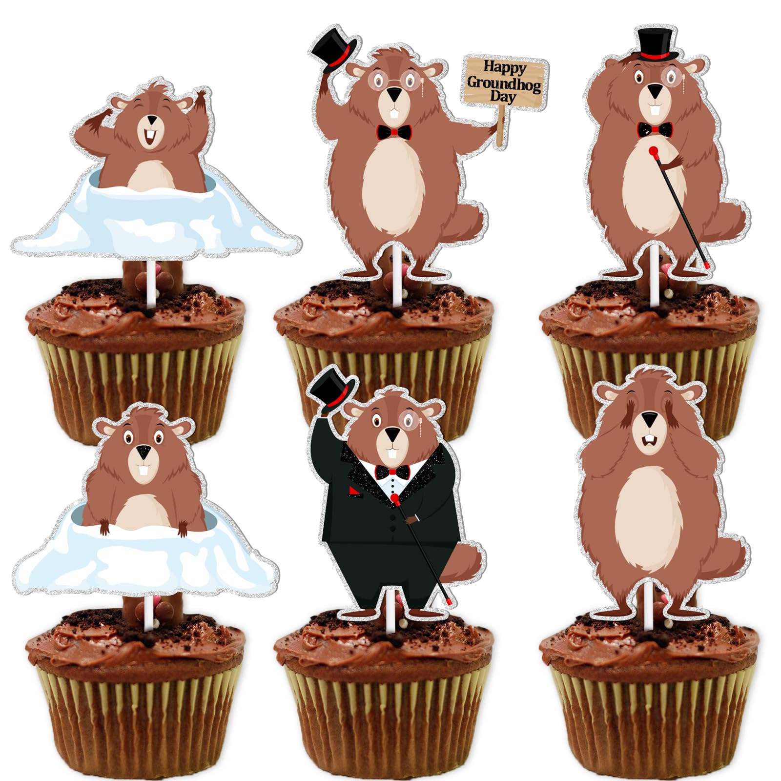Amazon.com: Brown Glitter Animal Groundhog Dessert Cupcake Topper Happy ...
