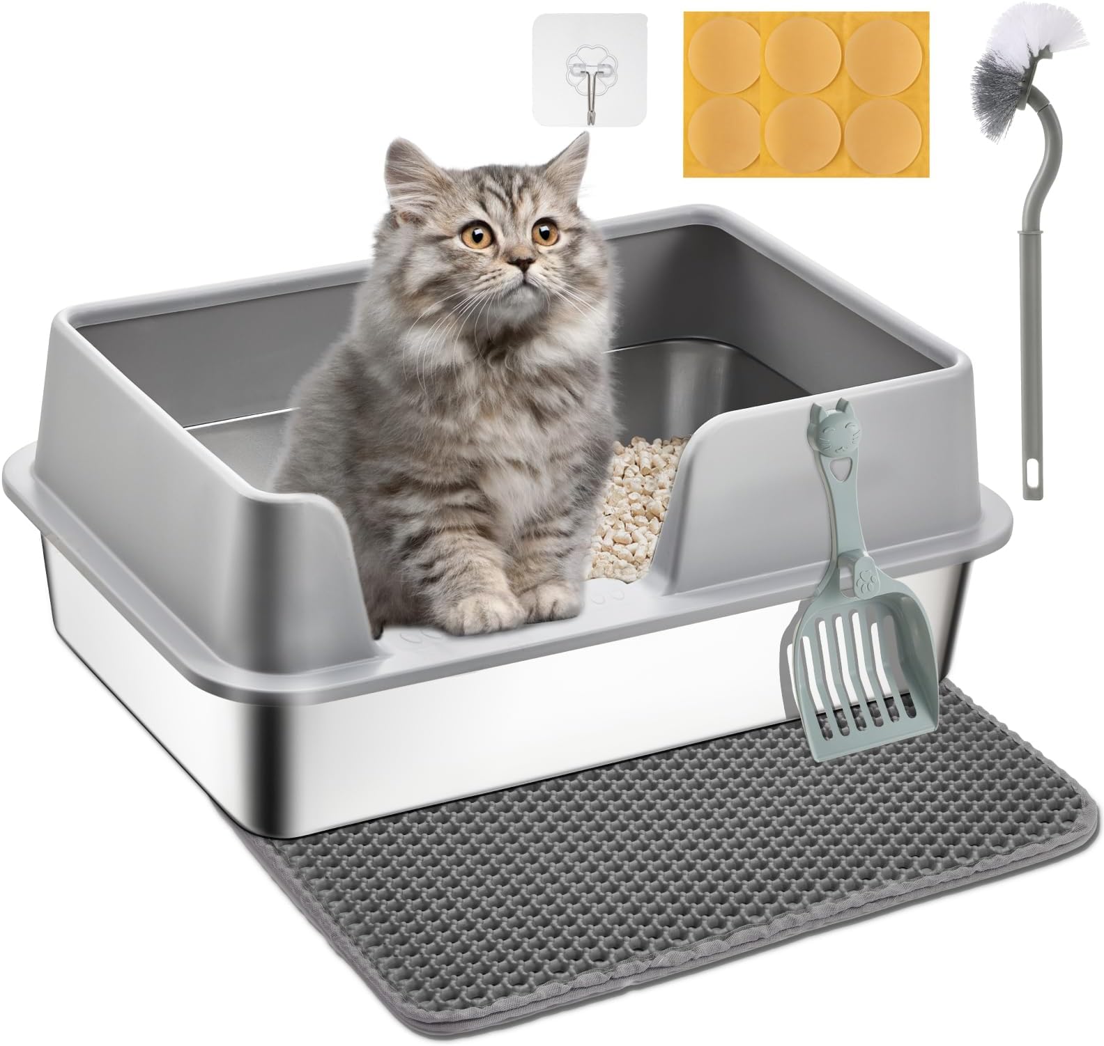 Papettly High Sided Stainless Steel Litter Box - Metal Cat Litter Tray ...