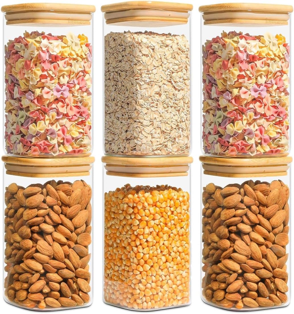 HAPPY BORN 1580 ml Square Wooden Lid Glass Jar Food Storage Containers ...