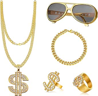 JurciCat 5 pezzi Hip Hop Collana dollaro & Ring, collana rapper Gold ...