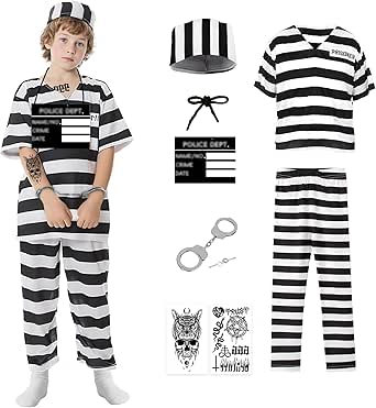 Amazon.com: Yywsya Striped Prisoner Costume Kids 7Pcs Classic Jail ...