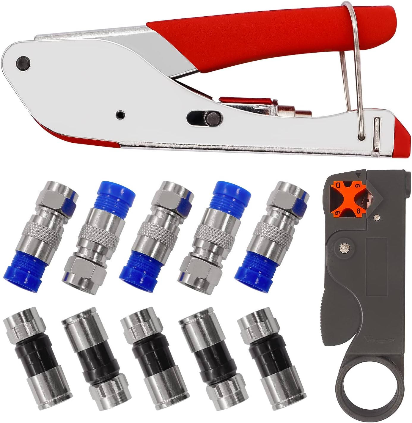 mxuteuk RG59 RG6 Coax Cable Crimper Kit Coaxial Compression Tool Fitting Wire Stripper With ...
