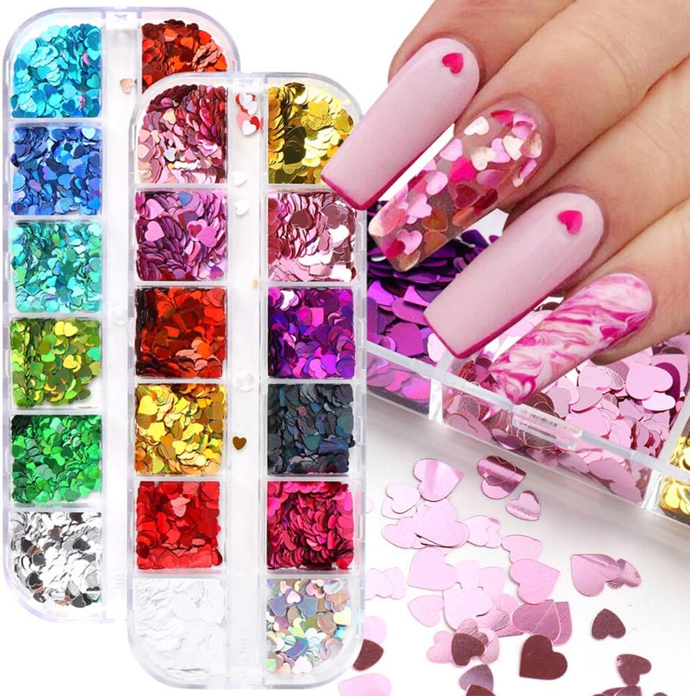 Amazon.com: Macute Heart Nail Glitter Sequins Set of 24 Colors ...