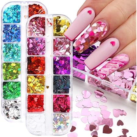 Amazon.com: 3D Heart Nail Art Stickers Glitter Decals Love Nail Sequins ...