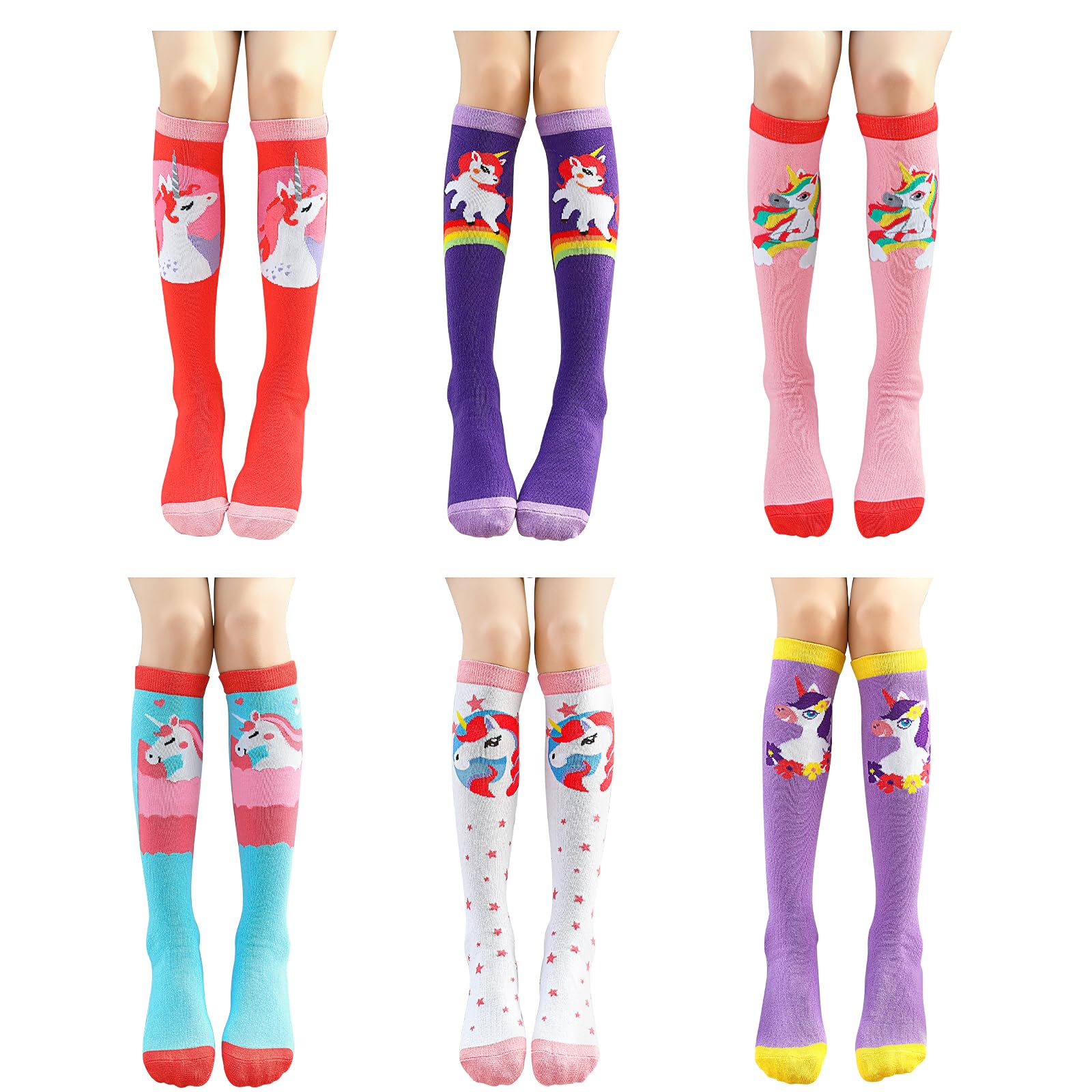 Amazon.com: XEPST 6 Pairs Girls Knee High Socks - Colorful Cartoon ...