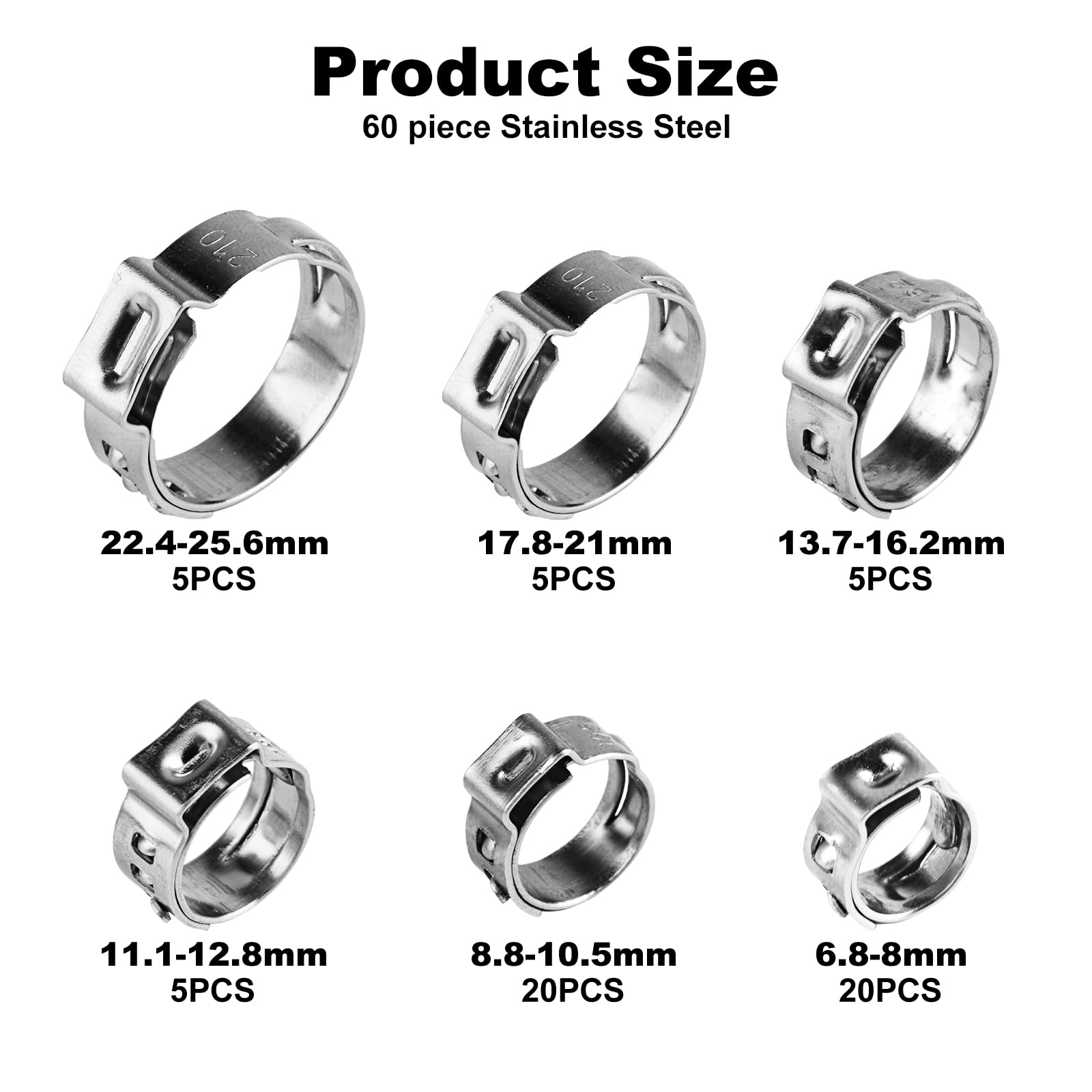 60 Pcs Hose Clips, Jubilee Clips Assorted Adjustable 6.8-25.6mm, 304 ...