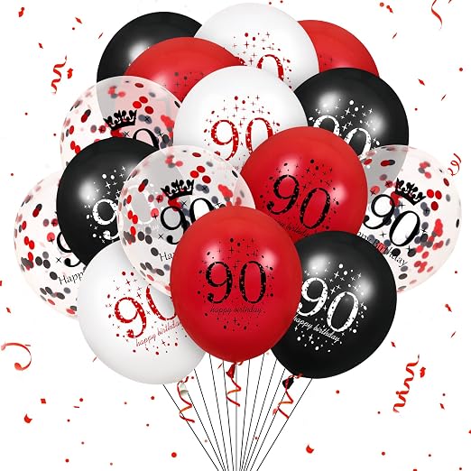 90th Birthday Balloons, 16Pcs Red Black Happy 90th Birthday Balloons ...
