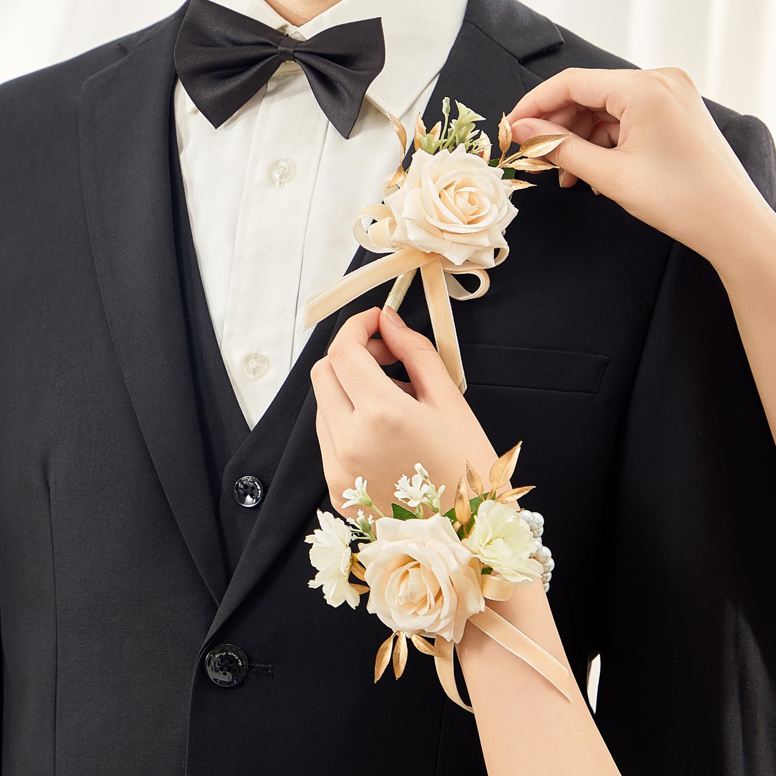 Amazon.com: Serwalin Champagne Rose Corsage and Boutonniere Set,2Pcs ...