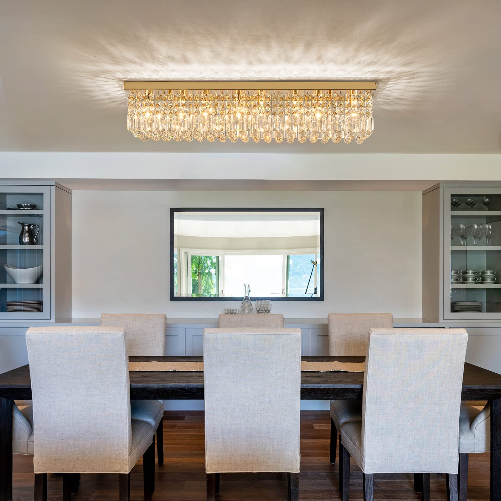 Siljoy Gold Crystal Chandelier 8 Lights Modern Flush Mount Ceiling Light Rectangle K9 Crystal ...