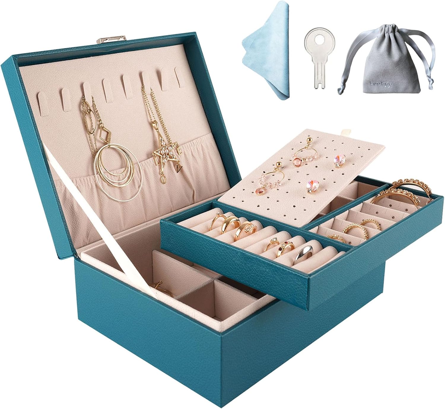 Jewellery Box, 2 Layer PU Leather Jewellery Organiser with Key, Jewelry ...