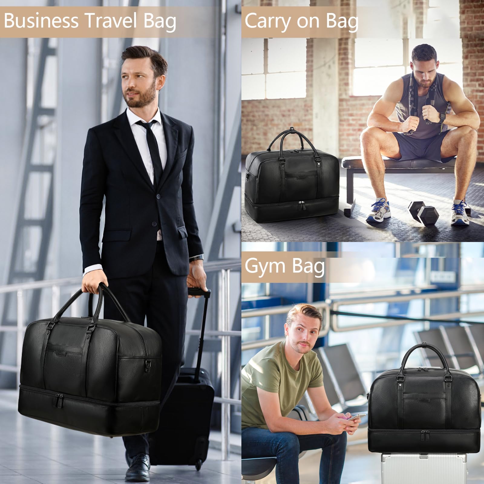 Wogarl 4PCS Leather Weekender Bag for Women Men Large Overnight Bag ...
