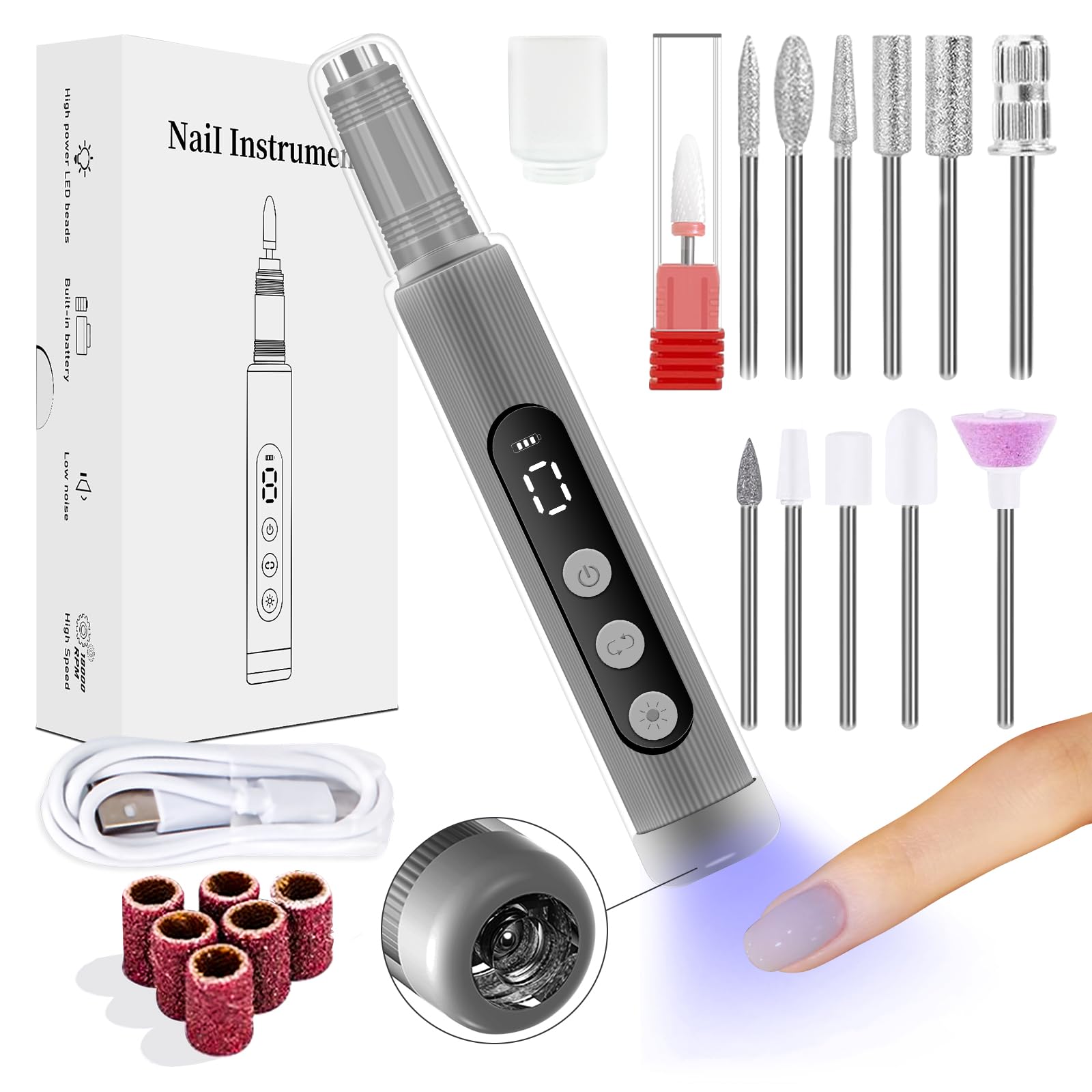 Electric Nail Drill Kit with Nail Lamp, Cordless Nail File for Acrylic ...