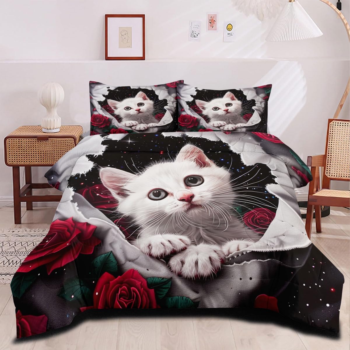 Amazon.com: CCoutueChen Funny Cute Cat Comforter Set Queen Size Kids ...