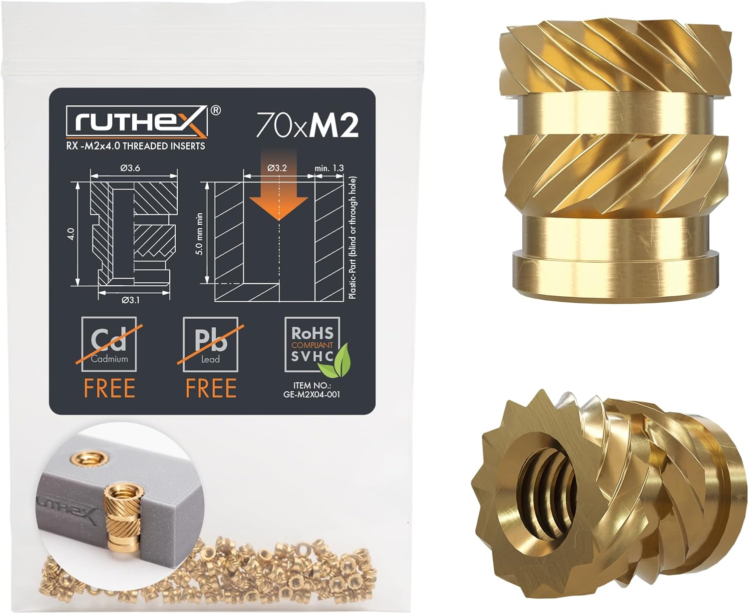 ruthex M2 threaded insert - 70 pieces RX-M2x4 threaded brass bushings ...