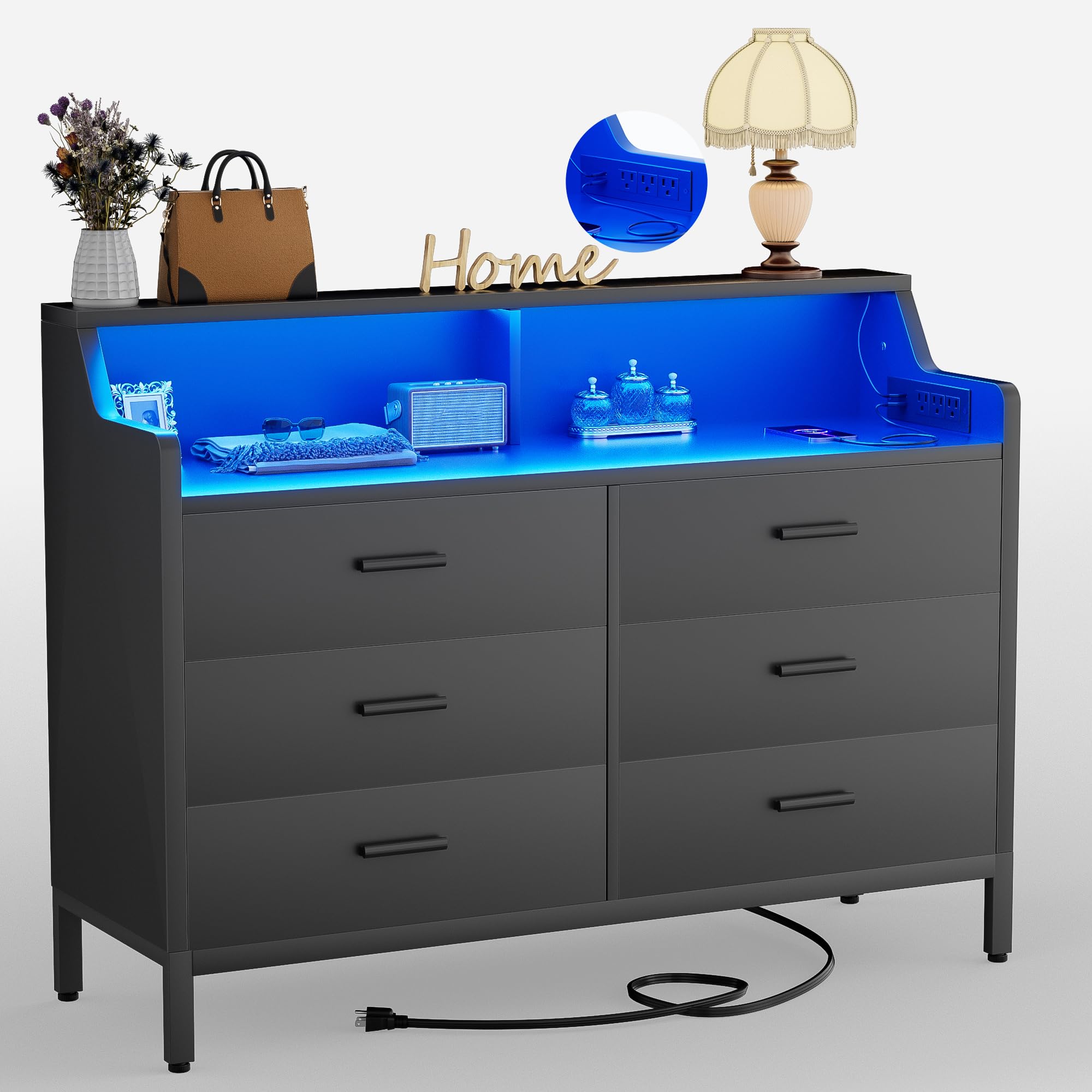 6 Drawer Dresser for Bedroom, Wooden Chest of Drawer with Power Outlet ...