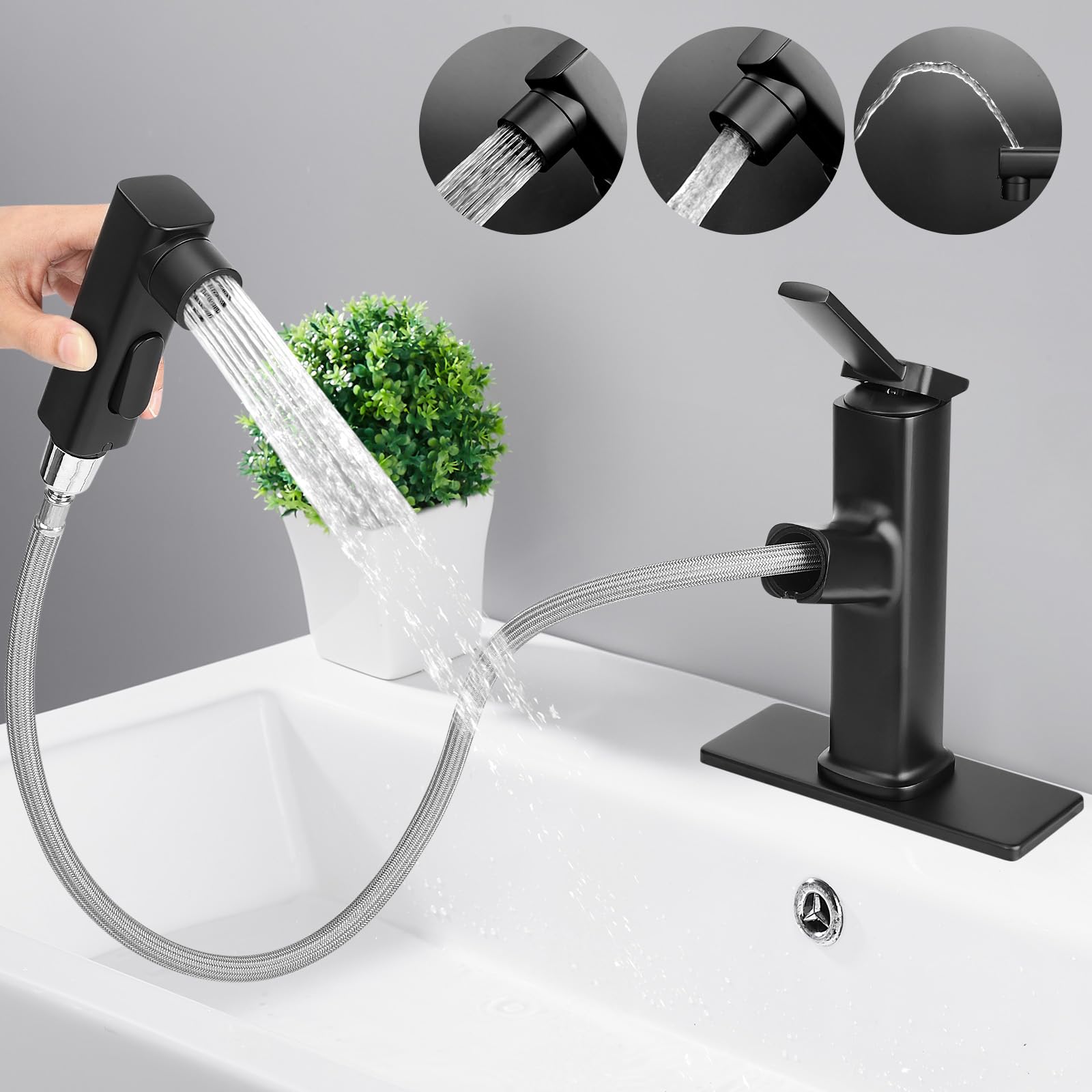 Bathroom Faucet with Pull Out Sprayer, 3 Function Sprayer Bathroom Pull ...