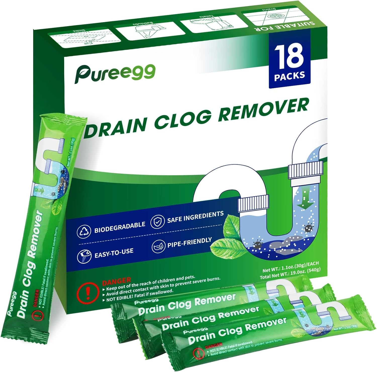 Amazon.com: Pureegg Drain Clog Remover - 18 Pack Drain Cleaner Hair ...