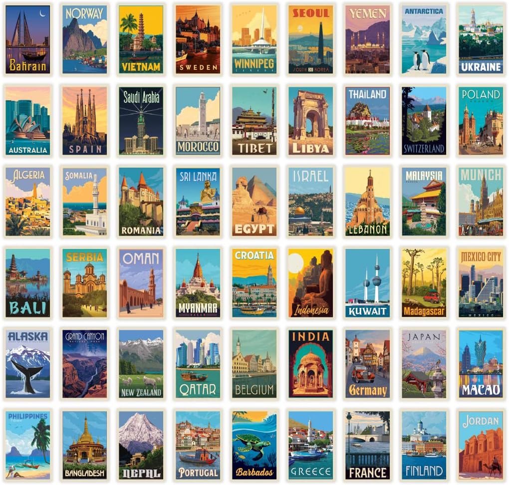 CodersParadise Vintage 54 Pcs Travel Poster For Room Wall Decor, 4x6 In ...