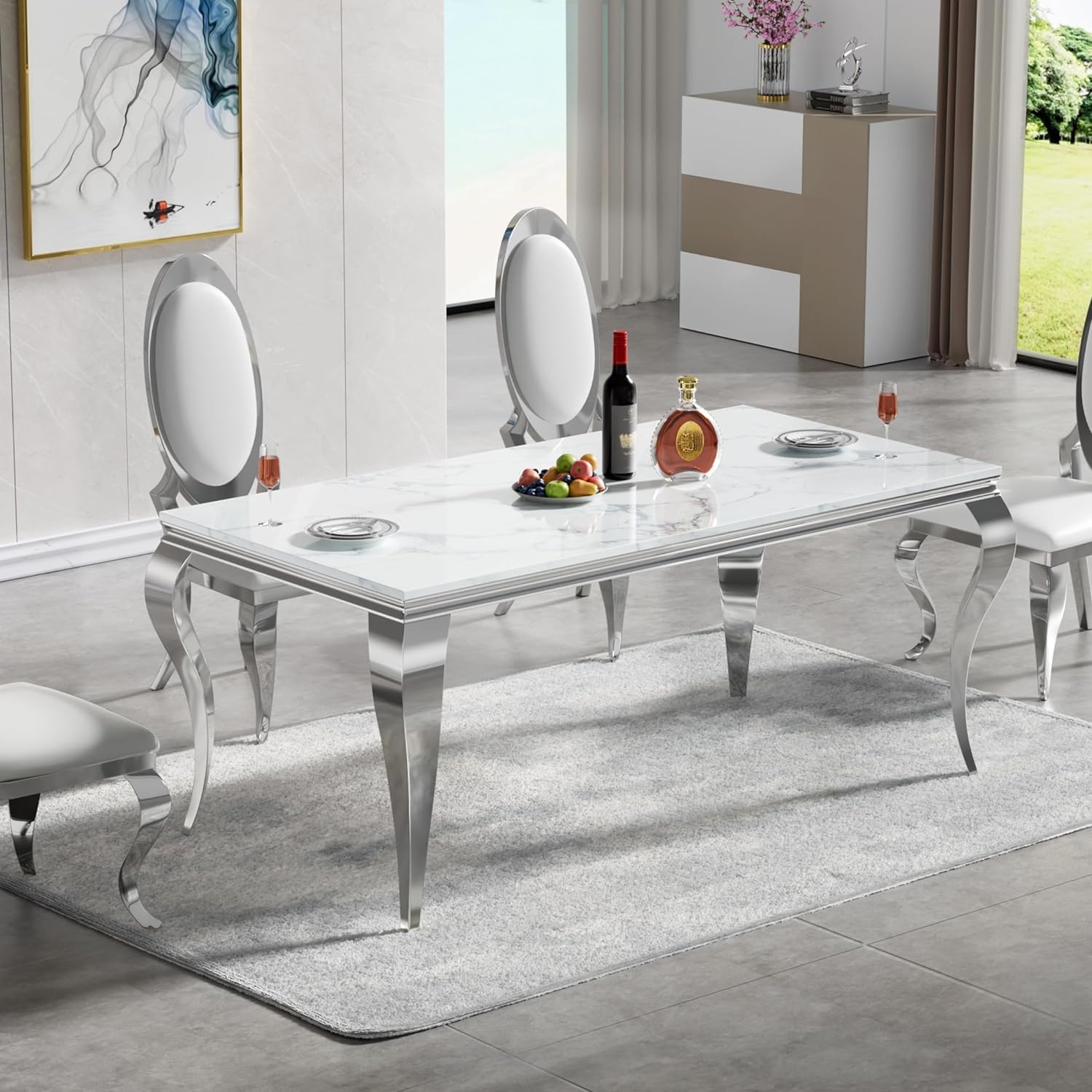 Amazon.com - Large Marble Dining Table for 6-8, Luxury Silver 70 ...