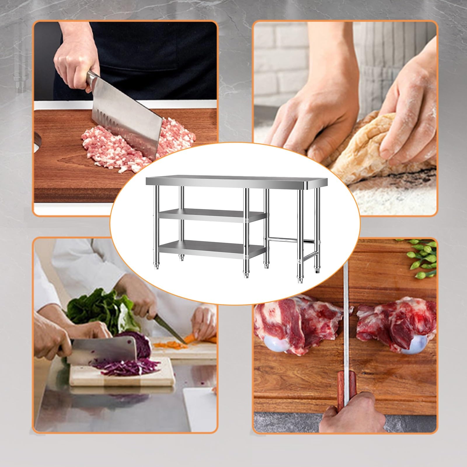 Work Table Stainless Steel 60x40x80cm - 3 Tier Commercial Kitchen Prep ...