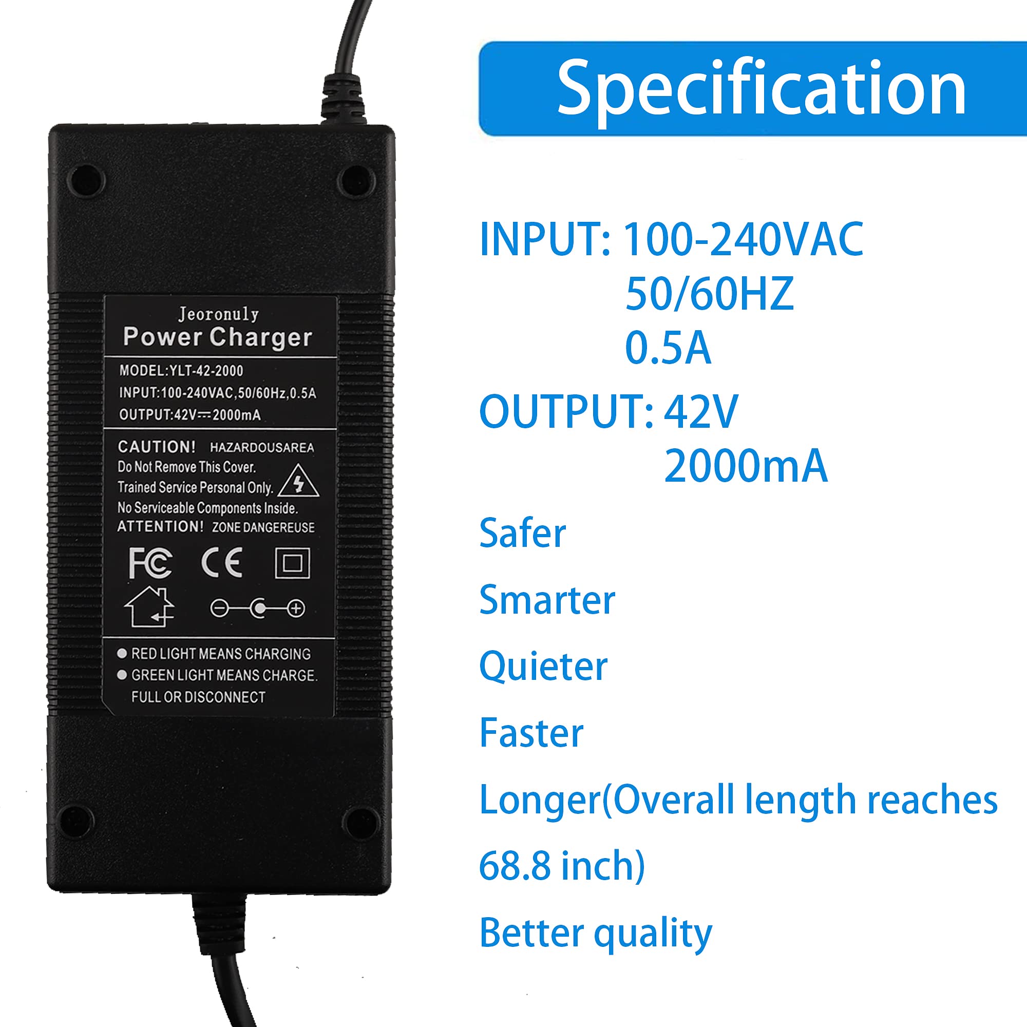 Jeoronuly 42V 2A Battery Charger with Fan Cooling, 8.8mm 3 Prong ...