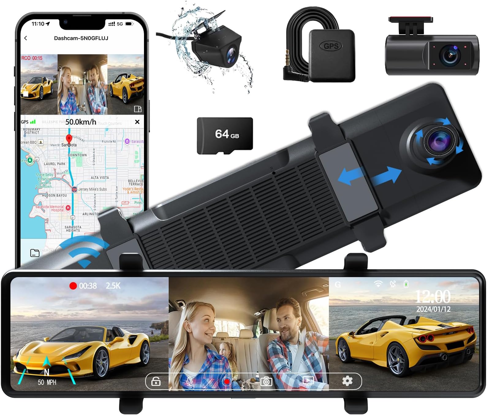 Amazon.com: WOLFBOX G890 12" 3 Channel Rear View Mirror Camera, 2K ...