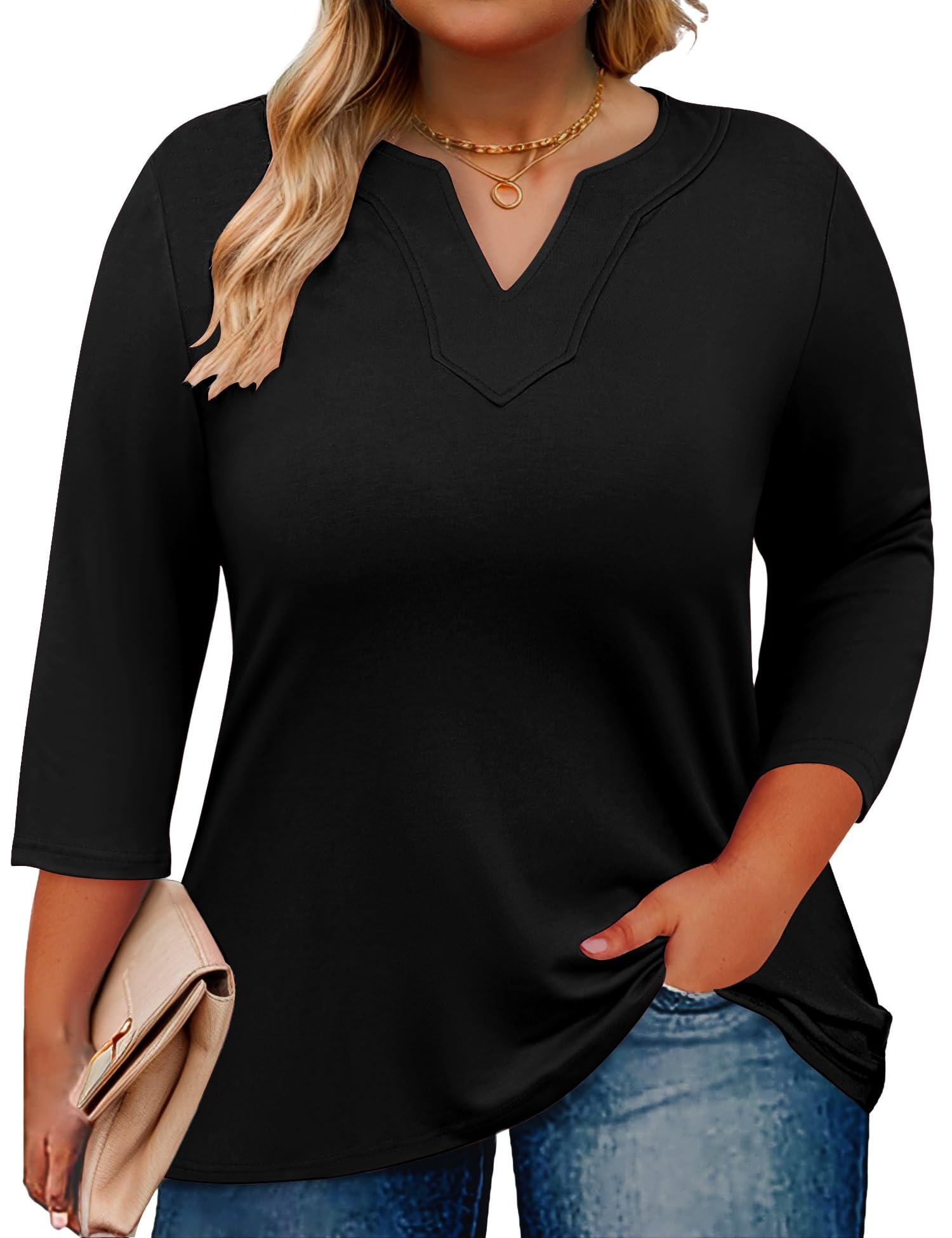 Romanstii Womens Plus Size Tops Casual 3/4 Sleeve V Neck T Shirt Loose ...