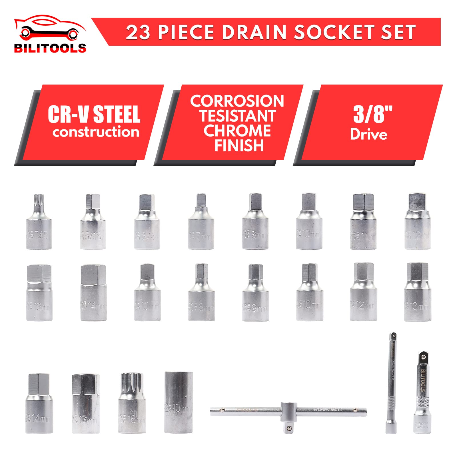BILITOOLS 23-Piece Drain Plug Socket Set, 3/8" Drive Oil Drain Plug Key ...