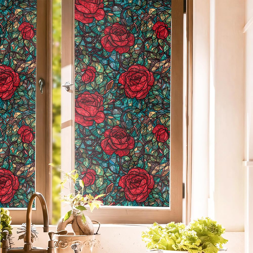 Amazon.com: Red Rose Floral Green Leaf Vine Vintage Window Films ...
