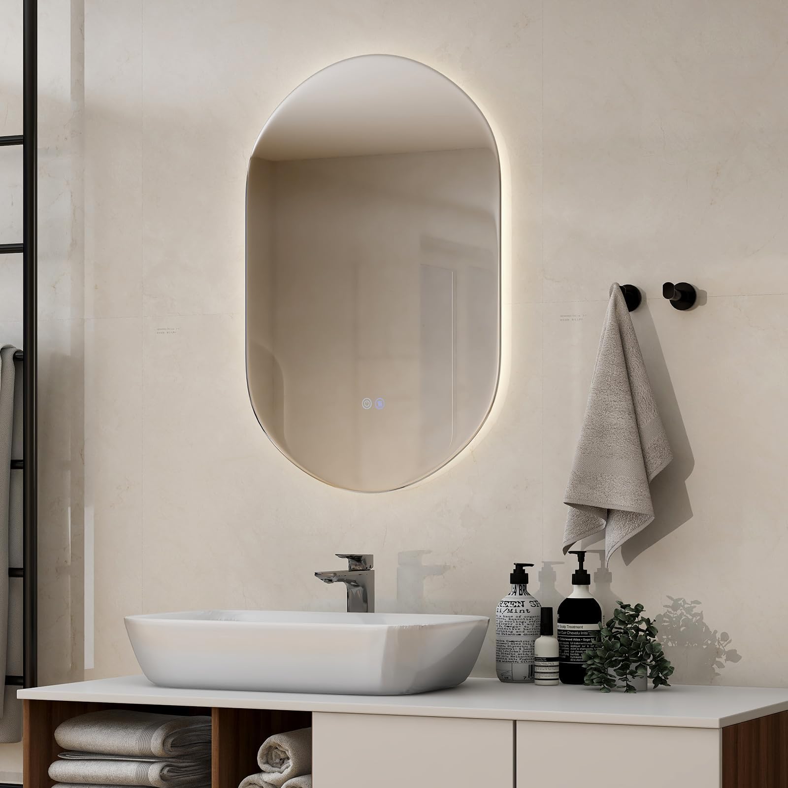 COSTWAY Oval LED Bathroom Mirror, 80x50cm Illuminated Wall Mounted ...