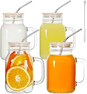 Amazon.com: DESIYUE 4 Pack 20 Oz Mason Jars with Bamboo Lid and Straw, Mason Jar Cups, Mason Jar ...