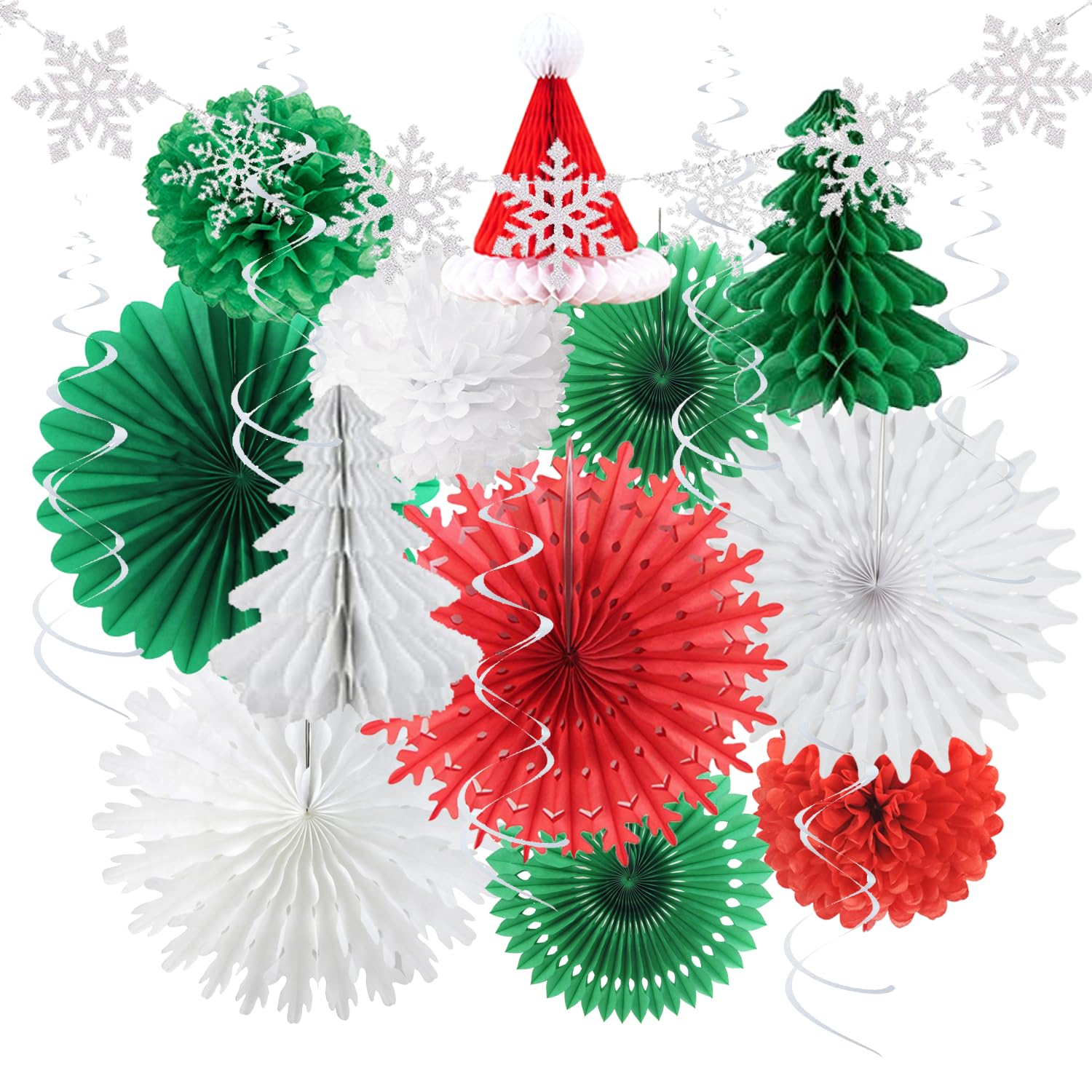 Christmas Party Decorations Red Green White Snowflake Paper Fans ...