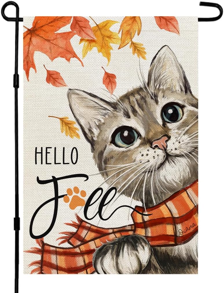 Amazon.com : Fall Cat Garden Flags 12x18 Inch Double Sided, Hello Fall ...
