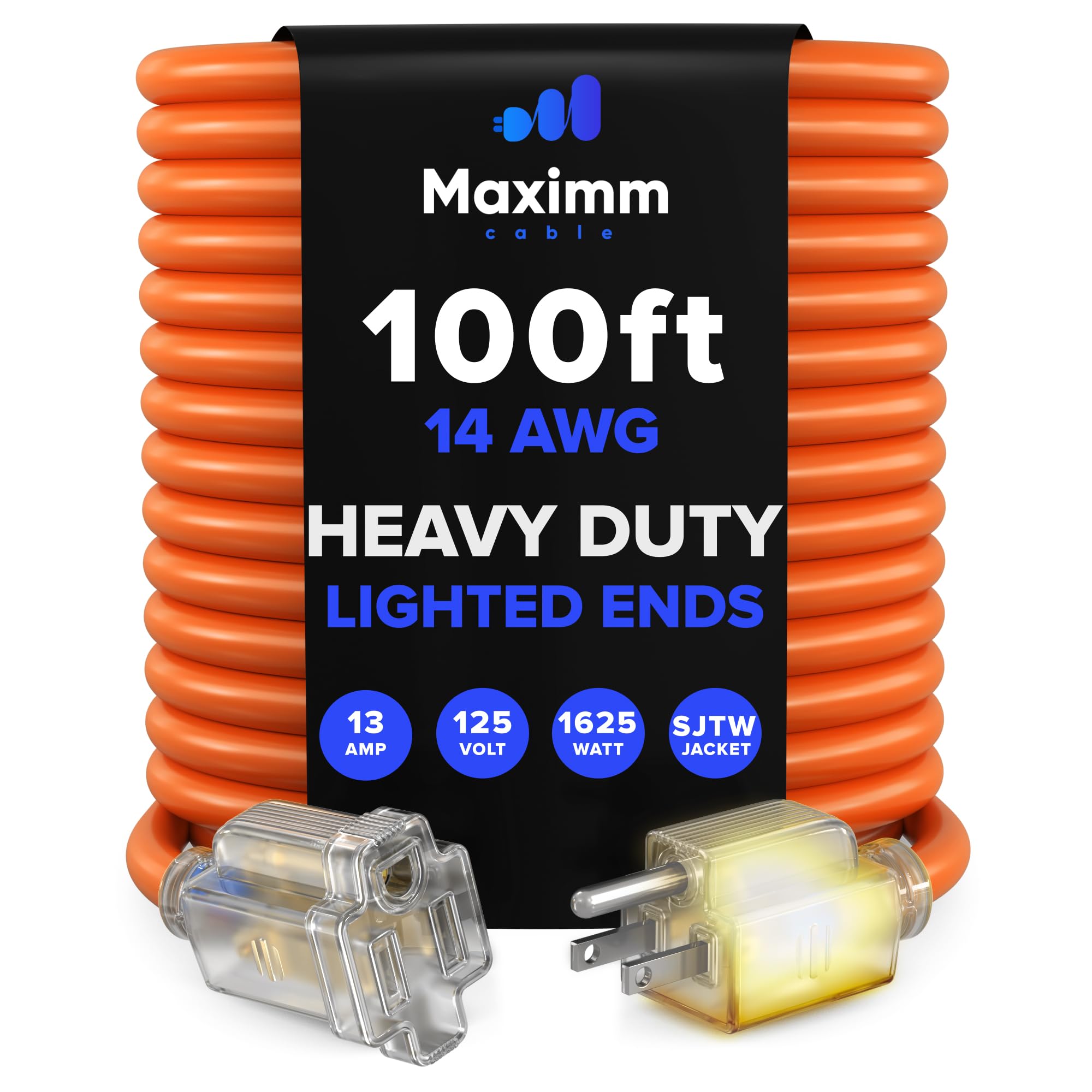 Snapklik.com : 100 Ft Orange Extension Cord, Heavy Duty 3-Prong Outdoor ...