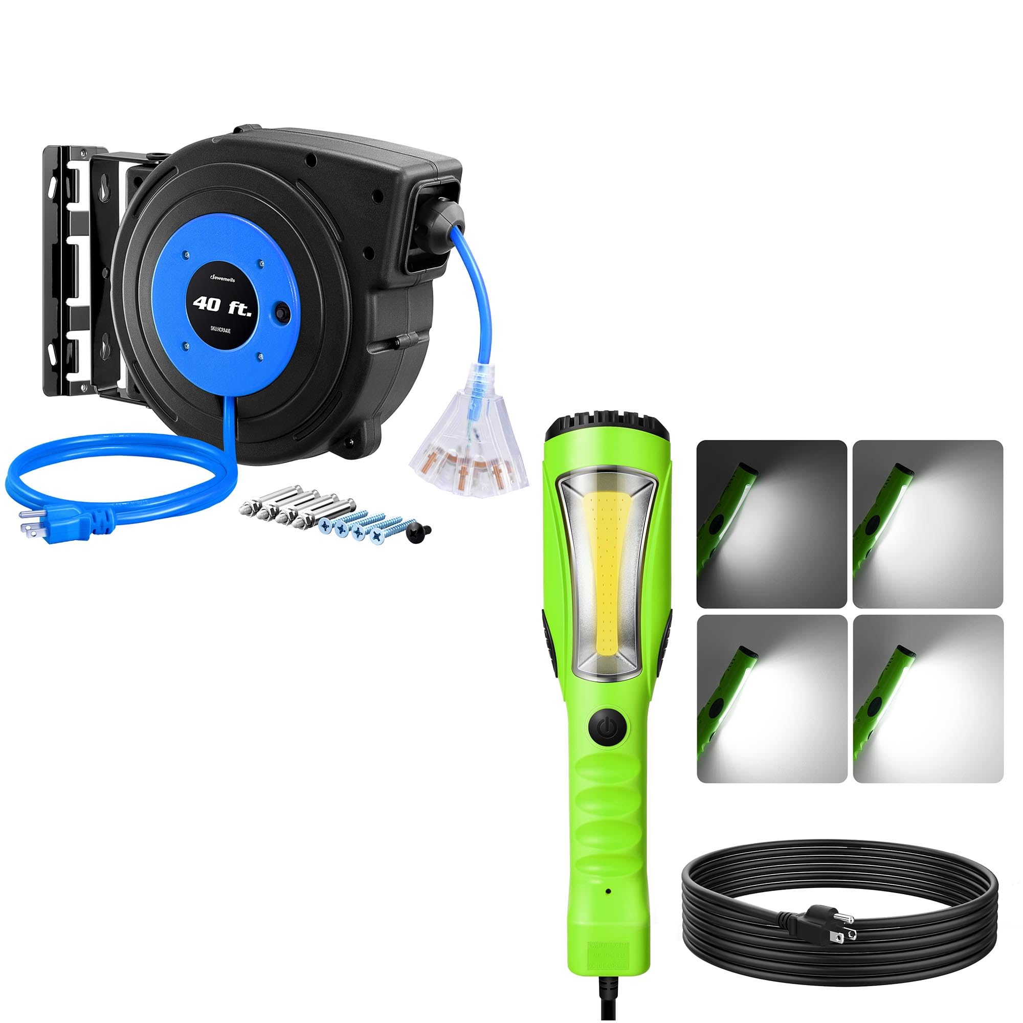 DEWENWILS 50FT Retractable Extension Cord Reel with LED Dimmable Work ...