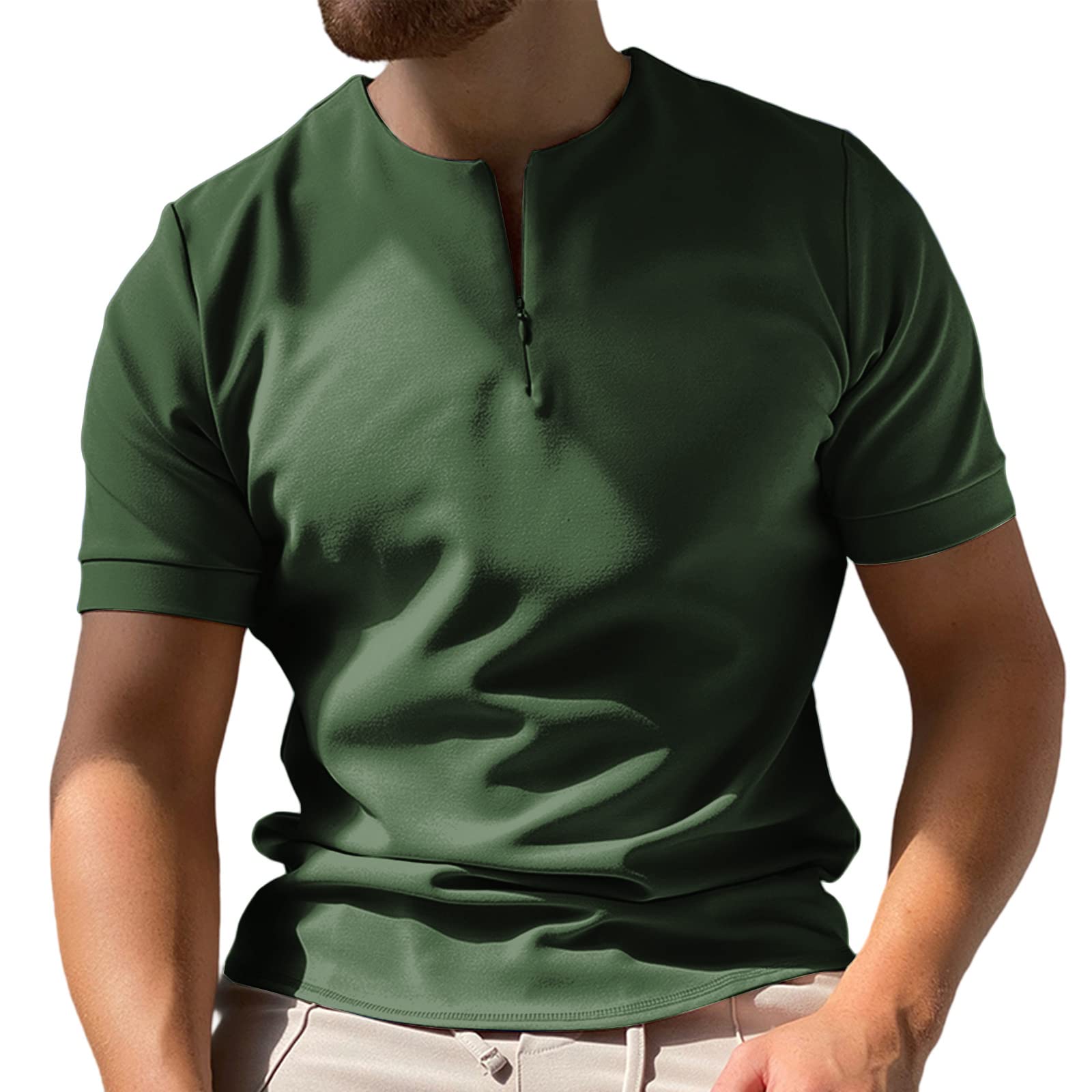 Mens Zipper Polo Shirts Short Sleeve Collarless Henley T-Shirts Casual ...