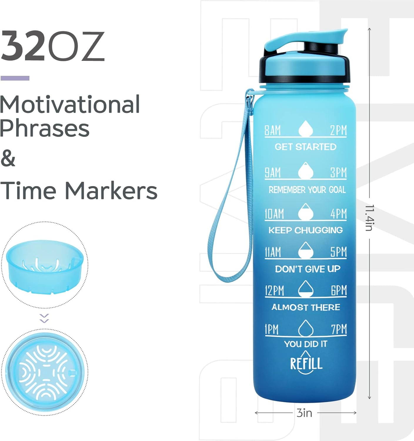 Elvira – Botella grande de 32 onzas para agua con marcador de tiempo motivacional y colador ...